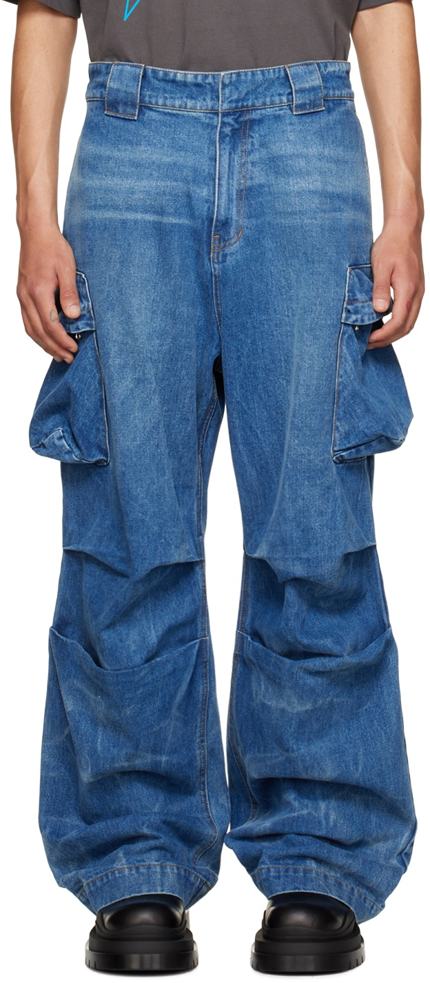 We11done Blue Washed Denim Cargo Pants We11done