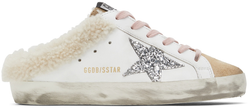 Golden Goose SSENSE Exclusive White & Beige Shearling Super-Star Sabot ...
