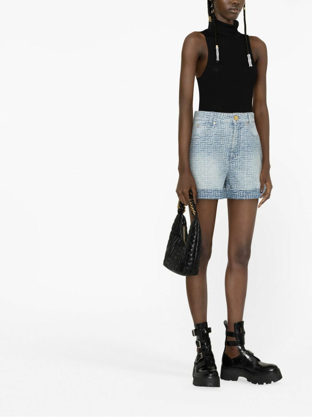 Balmain Blue Monogram Print Denim Shorts Balmain
