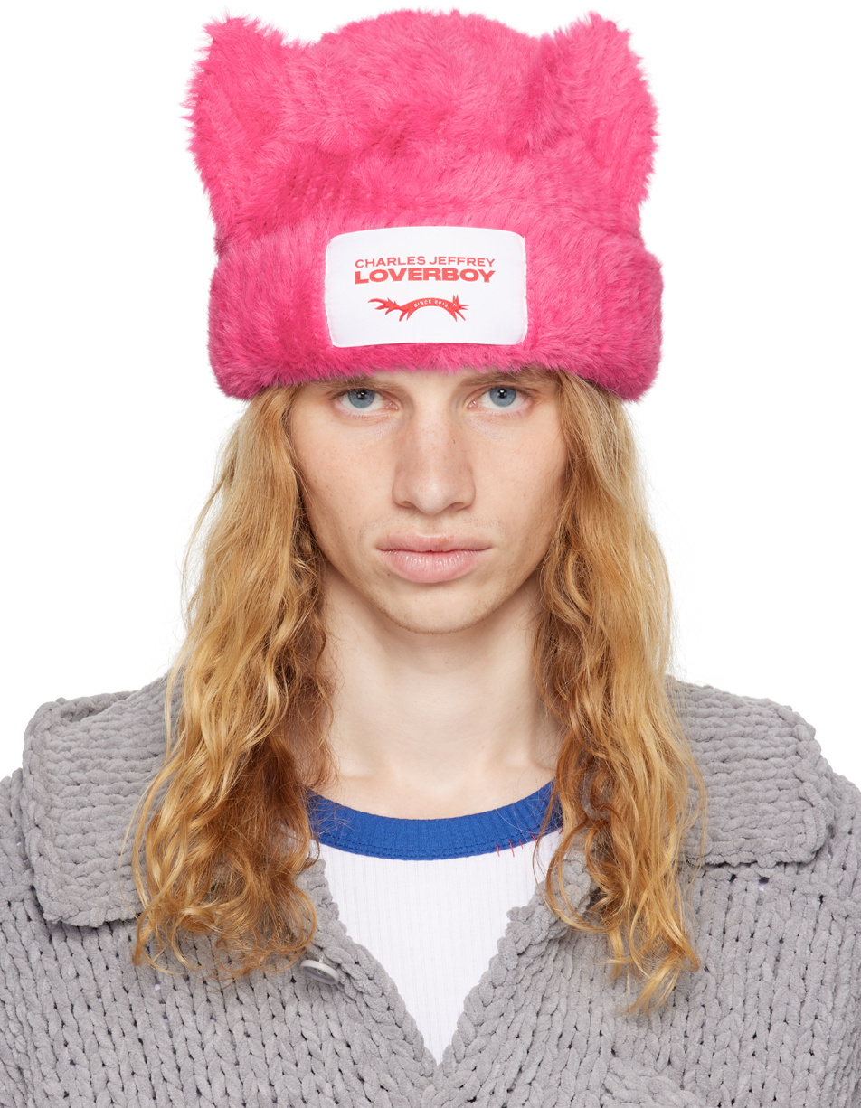 Charles Jeffrey LOVERBOY Pink Fluffy Chunky Ears Beanie Charles Jeffrey ...