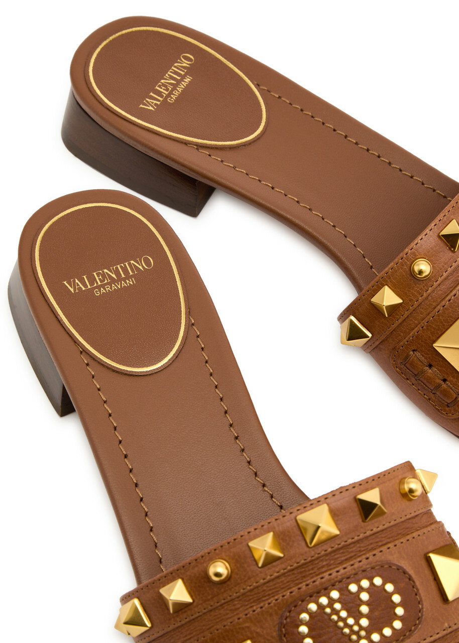Valentino Plaster Caster Embellished Leather Sliders Brown Valentino