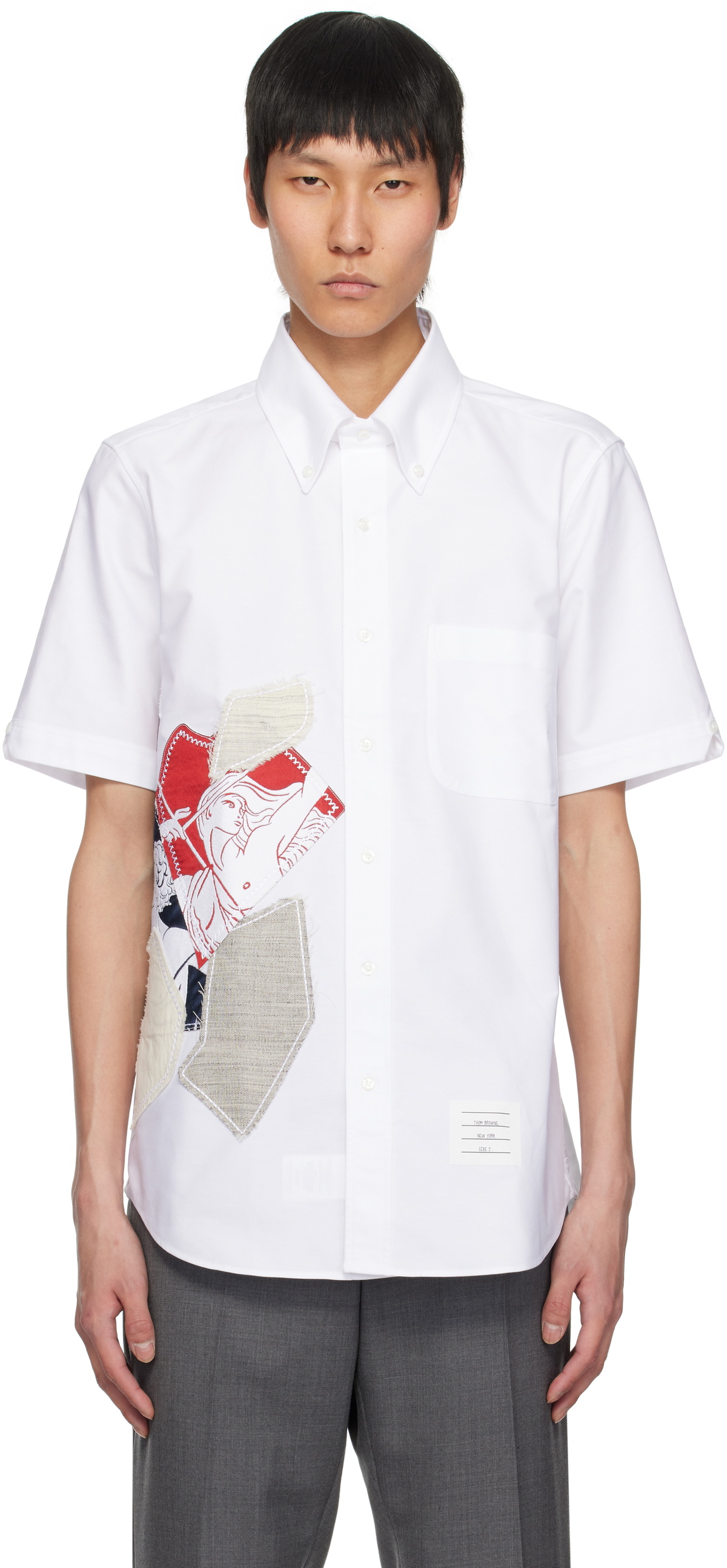 Thom Browne White Straight Fit Frayed Mixed Patchwork Shirt Thom Browne