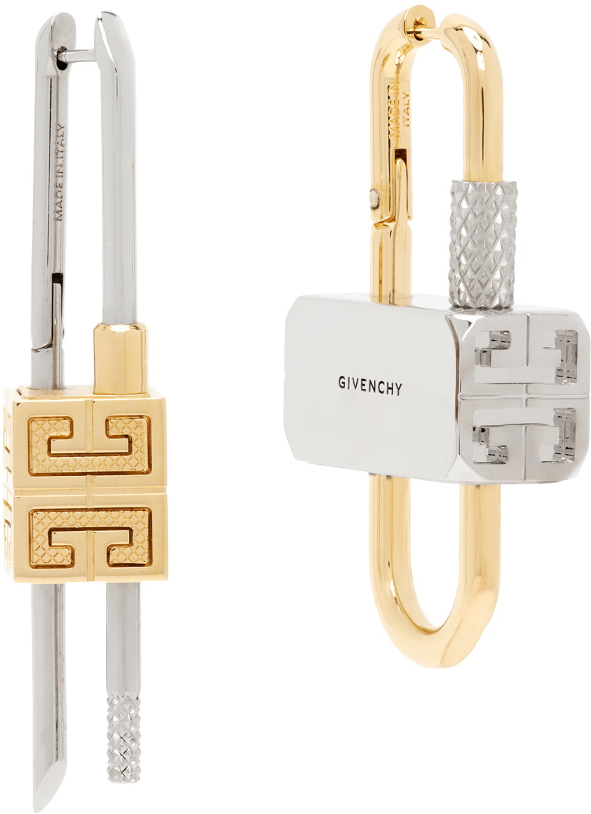Givenchy Gold & Silver Lock Asymmetrical Earrings Givenchy