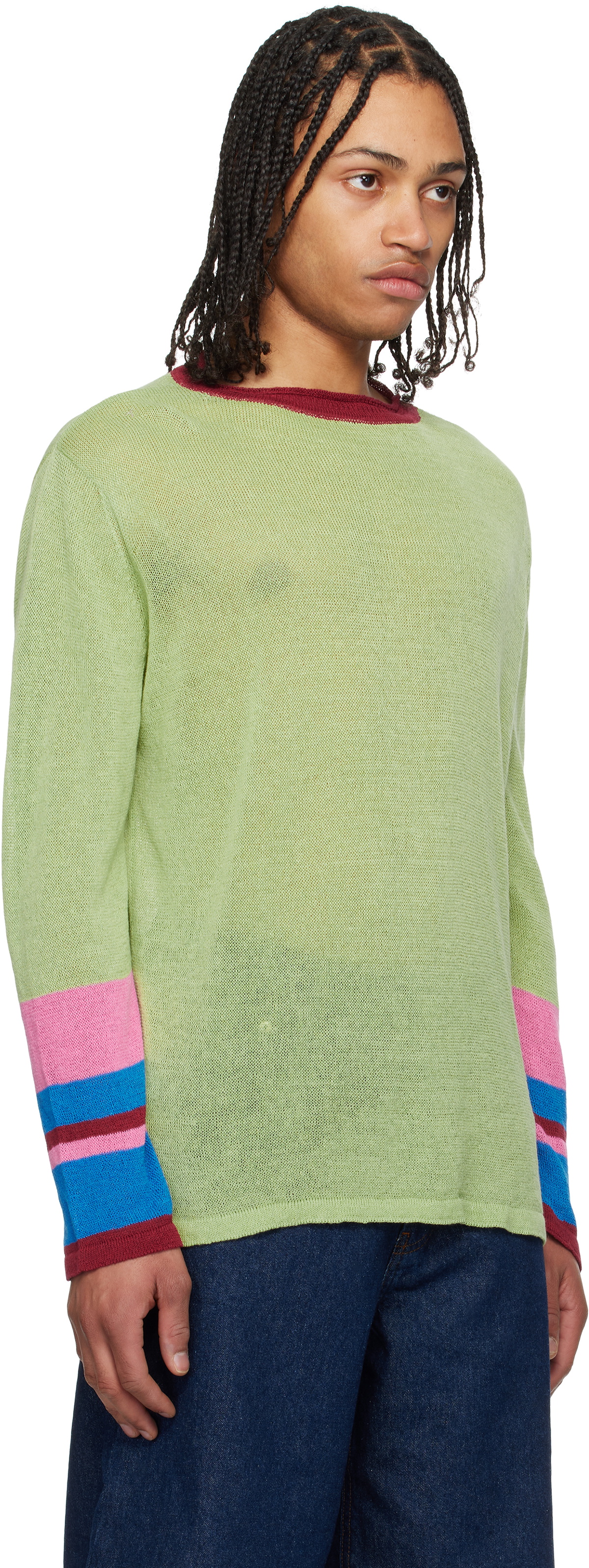 Edward Cuming Green & Red Half Moon Linen Sweater Edward Cuming