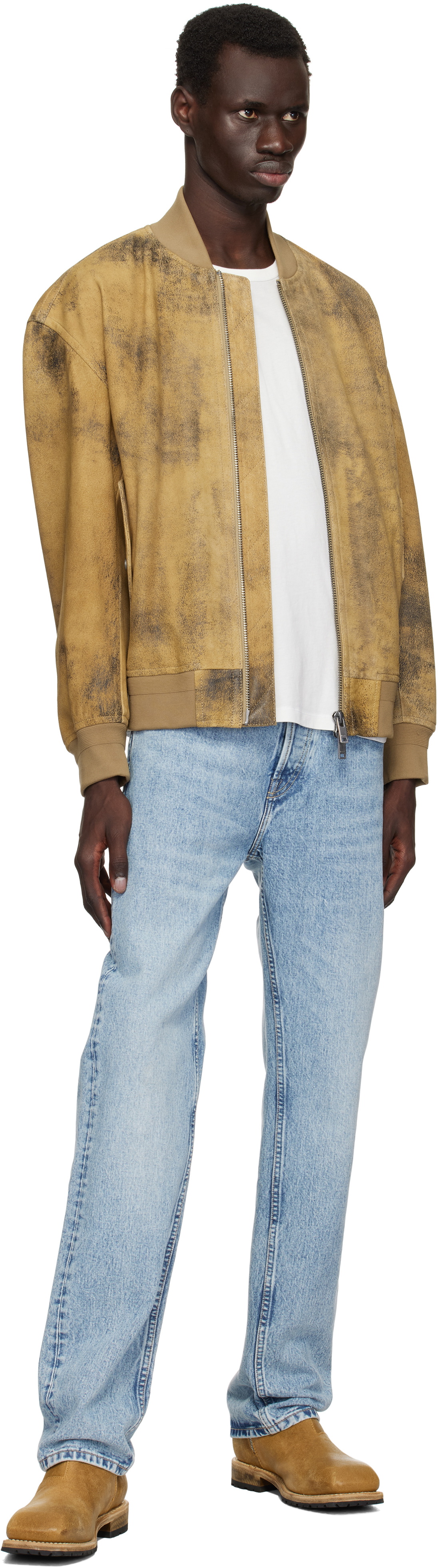 BOSS Tan Distressed Suede Bomber Jacket BOSS