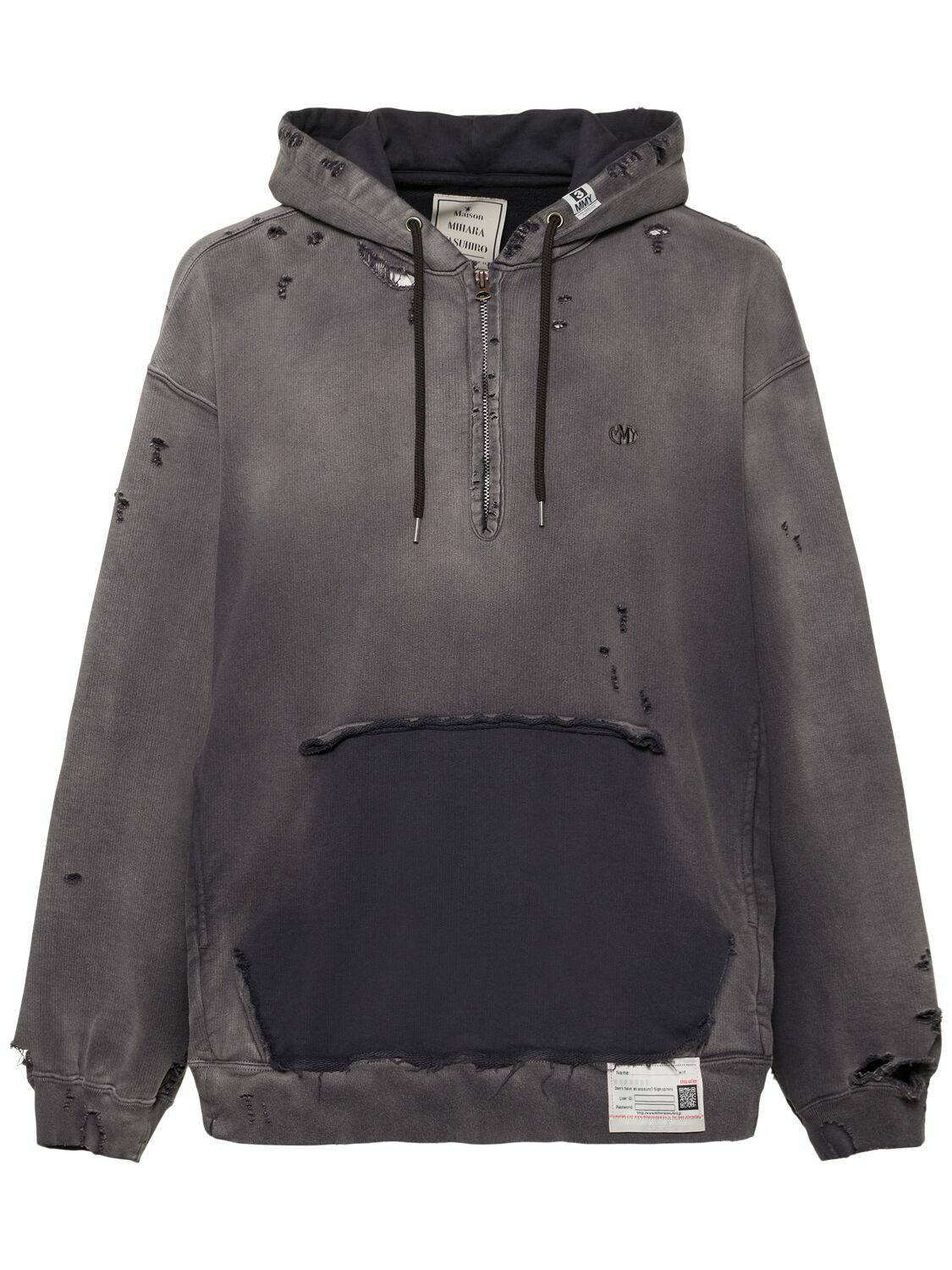 Miharayasuhiro Black Distressed Zip-Up Hoodie Maison MIHARA Miharayasuhiro Black Distressed Zip-Up Hoodie Maison MIHARA
