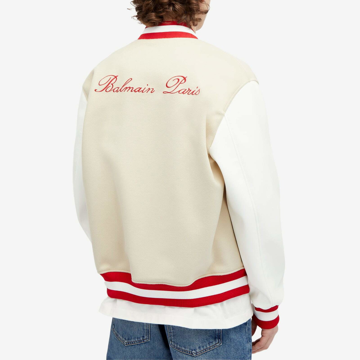 Balmain Men's Signature Varsity Jacket in Ivory/White/Red Balmain