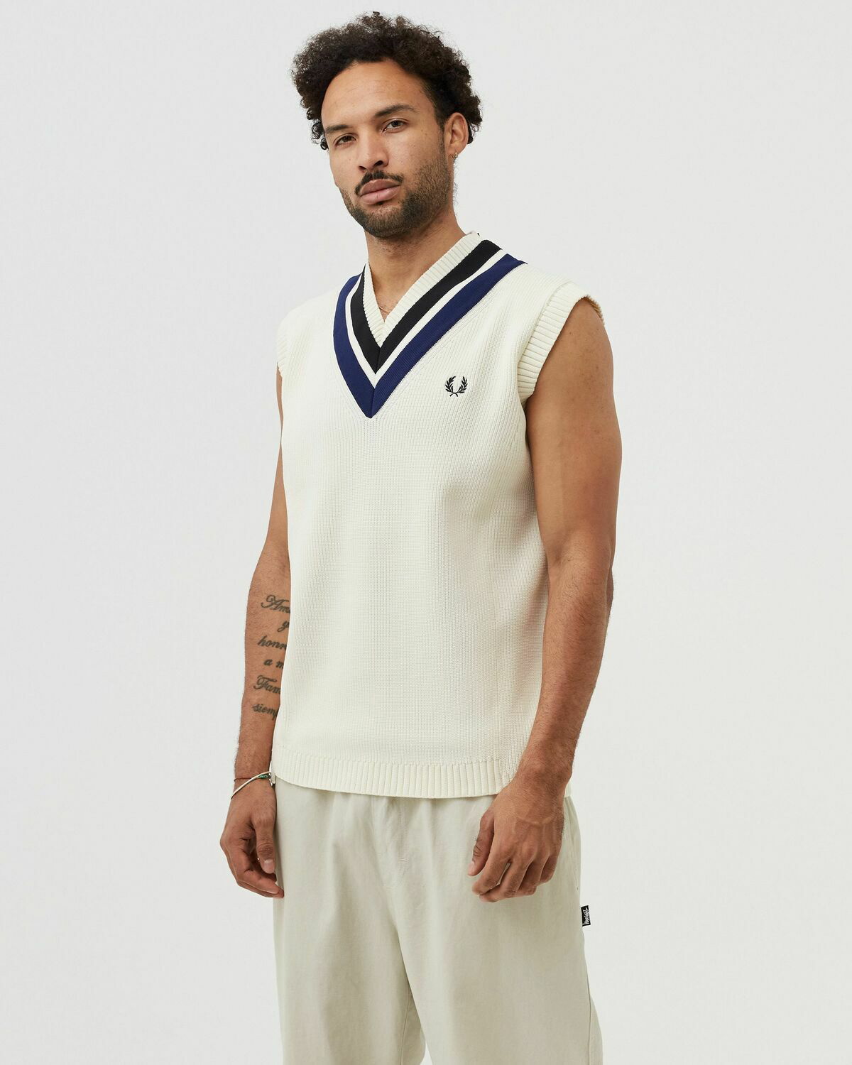 Fred Perry Striped V Neck Knitted Tank White Vests Fred Perry