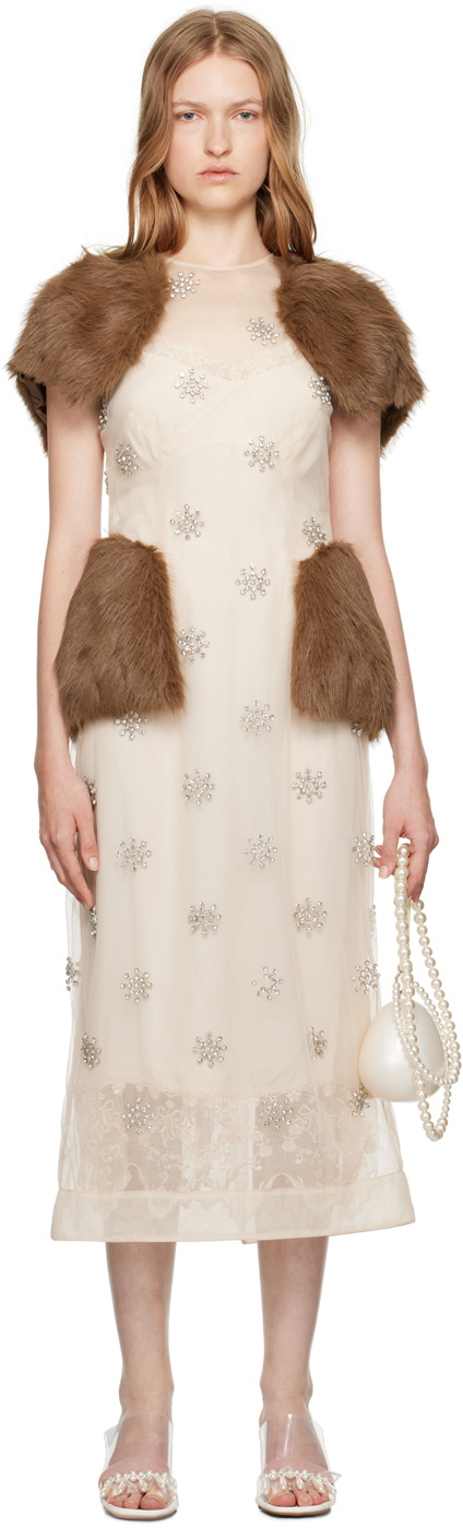 Simone Rocha Beige Embellished Faux Fur Midi Dress Simone Rocha