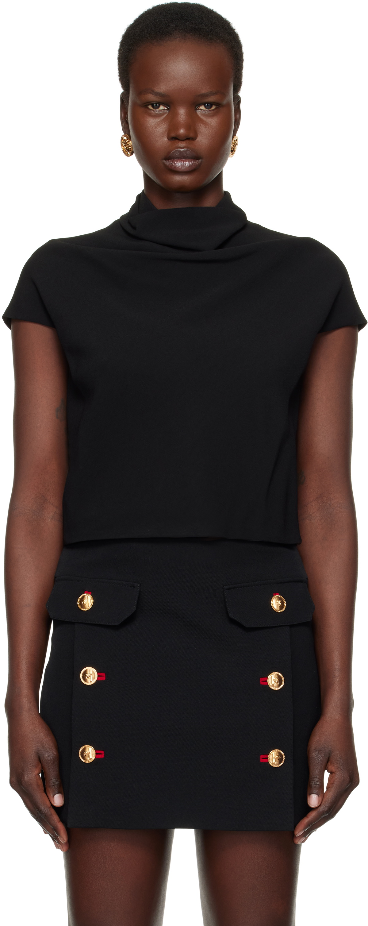 Versace Black Cady Draped-Neck Top Versace