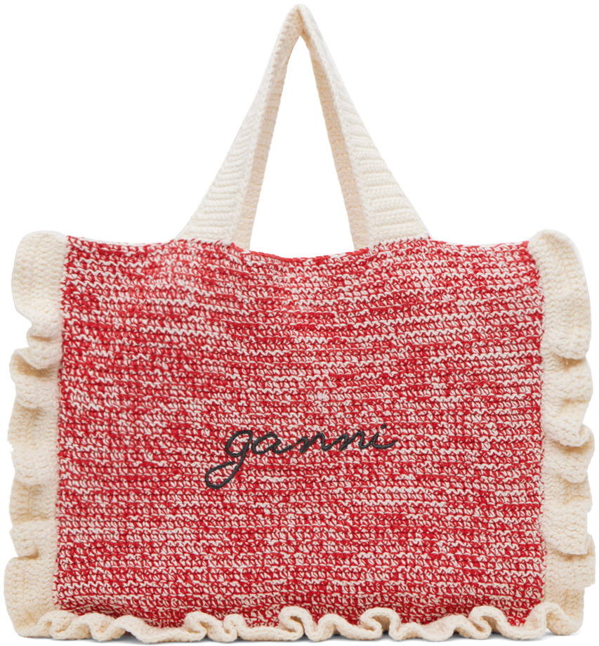 GANNI Red & White Cotton Crochet Frill Tote GANNI