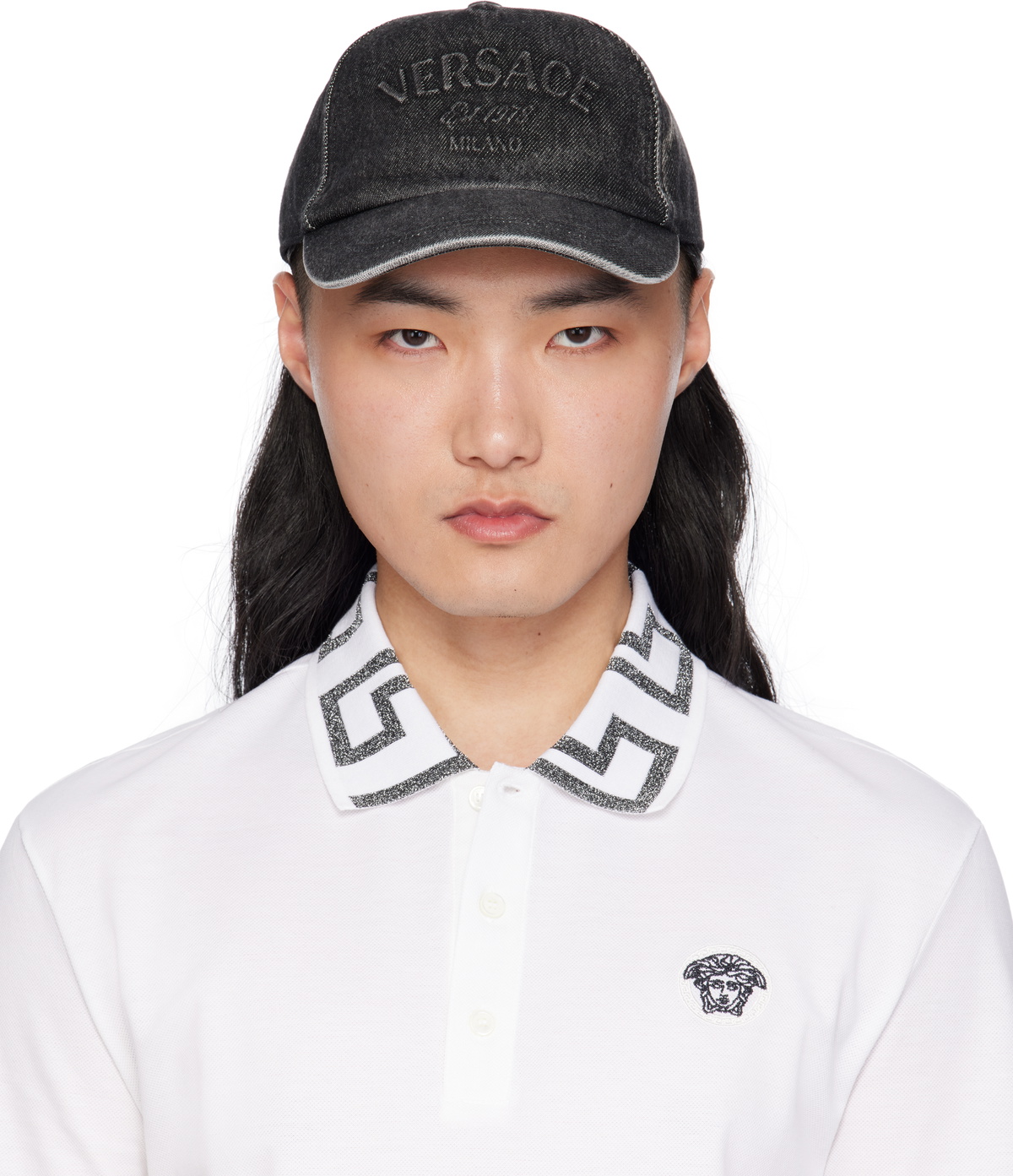 Versace Black Embossed Denim Cap Versace
