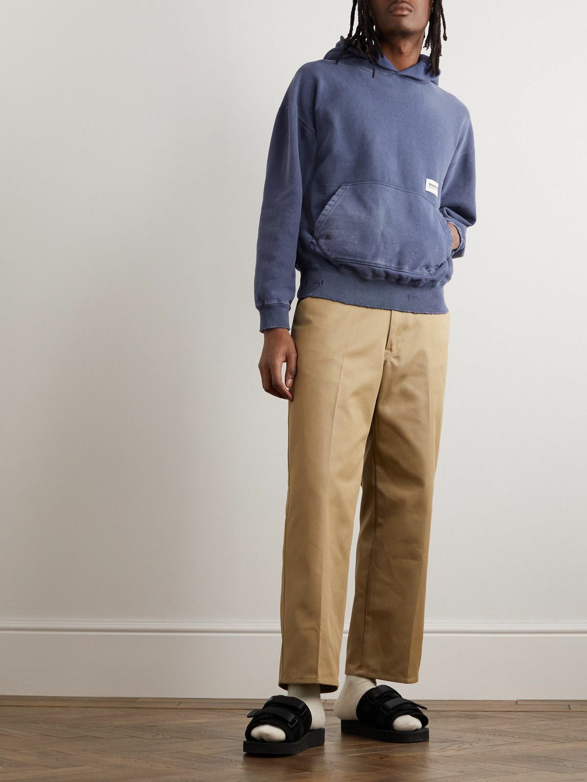 Neighborhood - Distressed Logo-Appliquéd Cotton-Jersey Hoodie - Blue ...