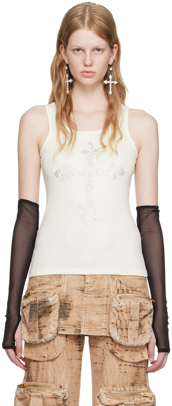 Blumarine White Embroidered Tank Top Blumarine