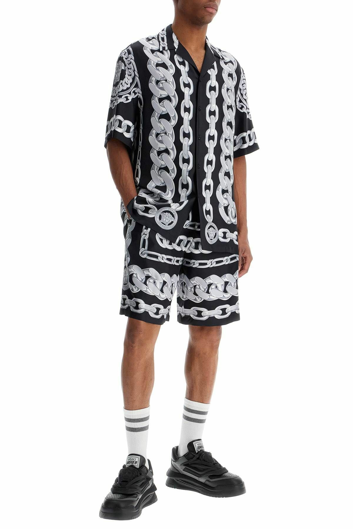 VERSACE 'printed silk medusa chains bowling shirt Black Versace