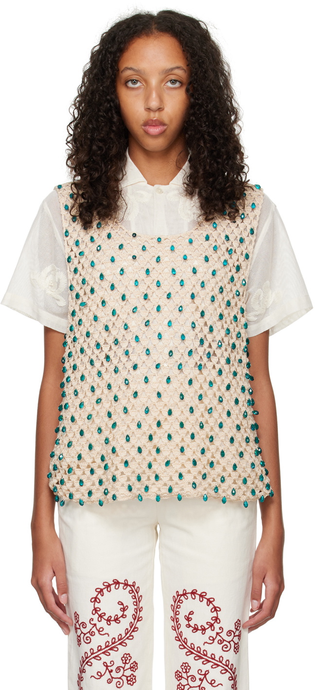 Bode Off-White Beaded Tank Top Bode