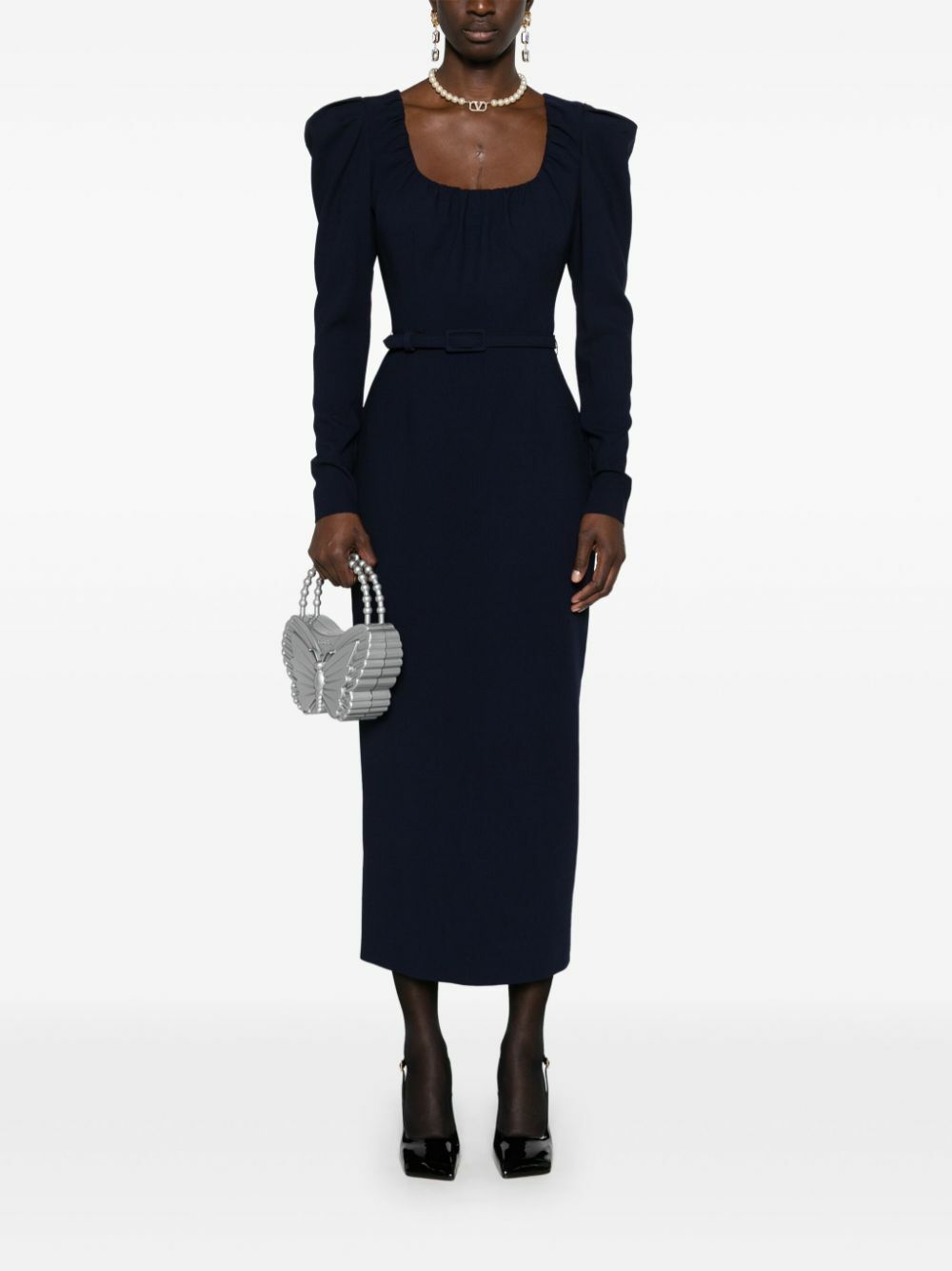 Alessandra Rich Blue Belted Wool Midi Dress Alessandra Rich