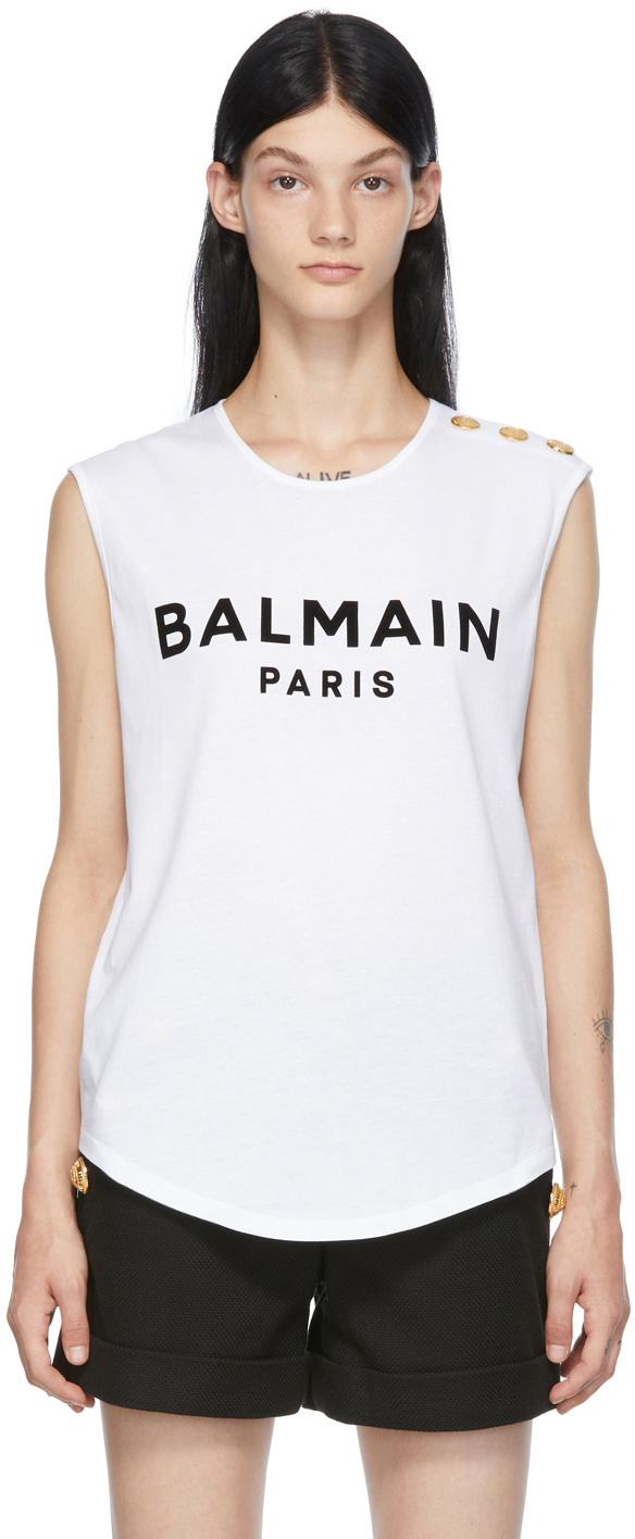 Balmain White Button Flocked Logo Tank Top Balmain