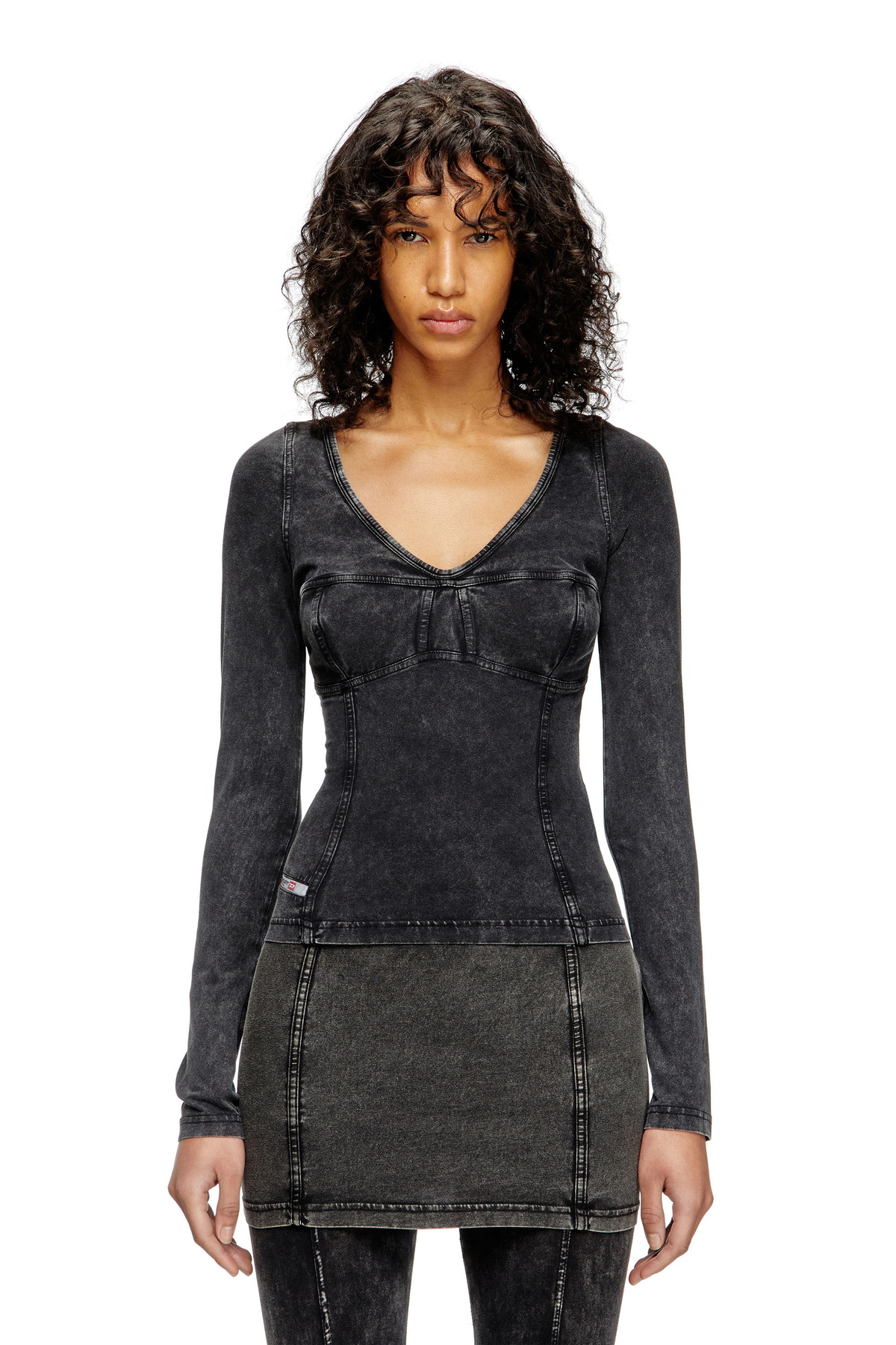 Diesel Long-sleeve top with denim effect - T-Shirts Womens in Black Diesel