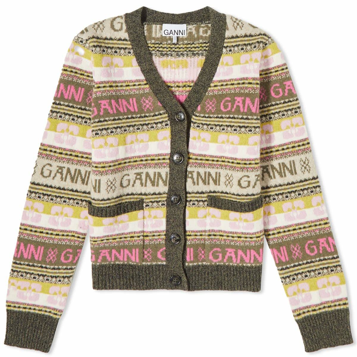 GANNI Women's Logo Wool Mix Cardigan in Kalamata GANNI