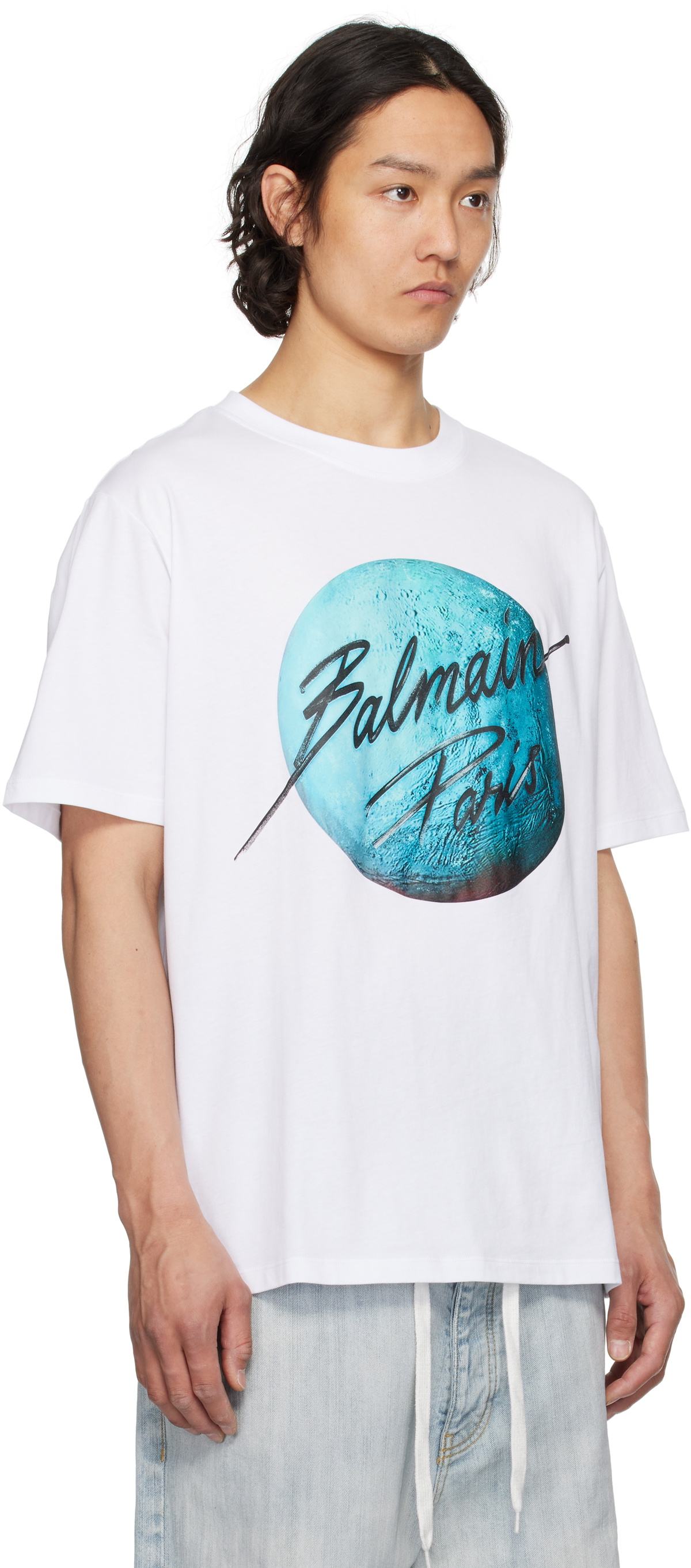Balmain White Printed 'Balmain Paris' Logo & Planet T-shirt Balmain