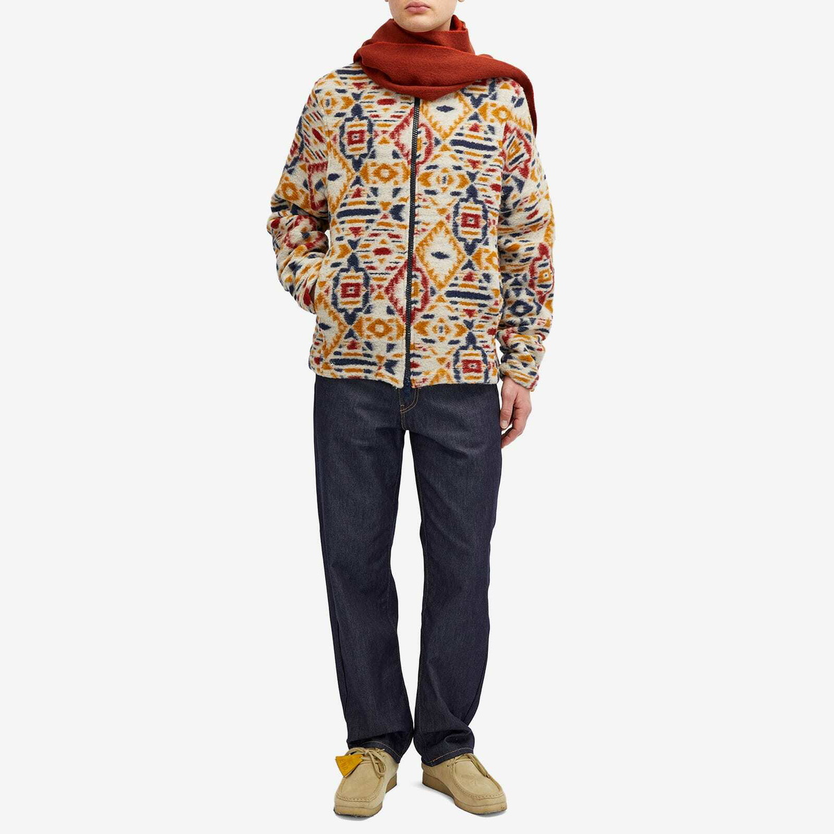 Wax London Men's Cozi Geo Fleece Jacket in Ecru/Mustard Wax London