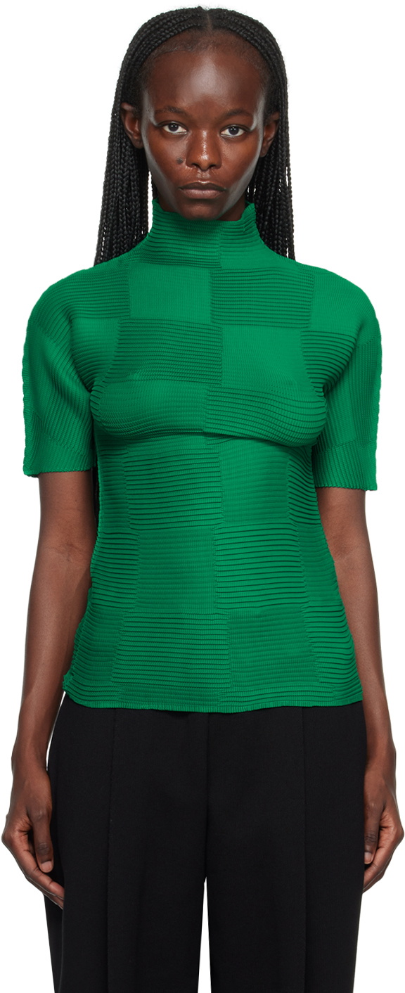 Issey Miyake Green Checkered Pleats Turtleneck Issey Miyake Men