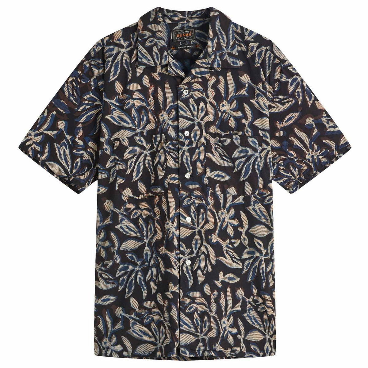 Beams Plus Men's Open Collar Block Print Leaf Shirt in Navy Beams Plus