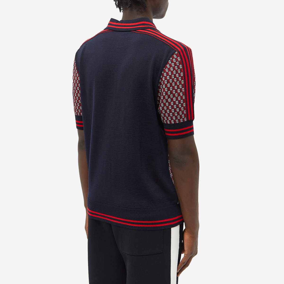 Balmain Men's Monogram Check Knitted Polo Shirt in Blue/Red/Black Balmain