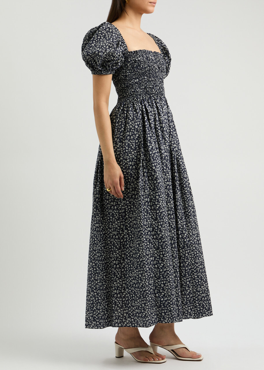 Matteau Floral-print Smocked Cotton Maxi Dress Navy Matteau