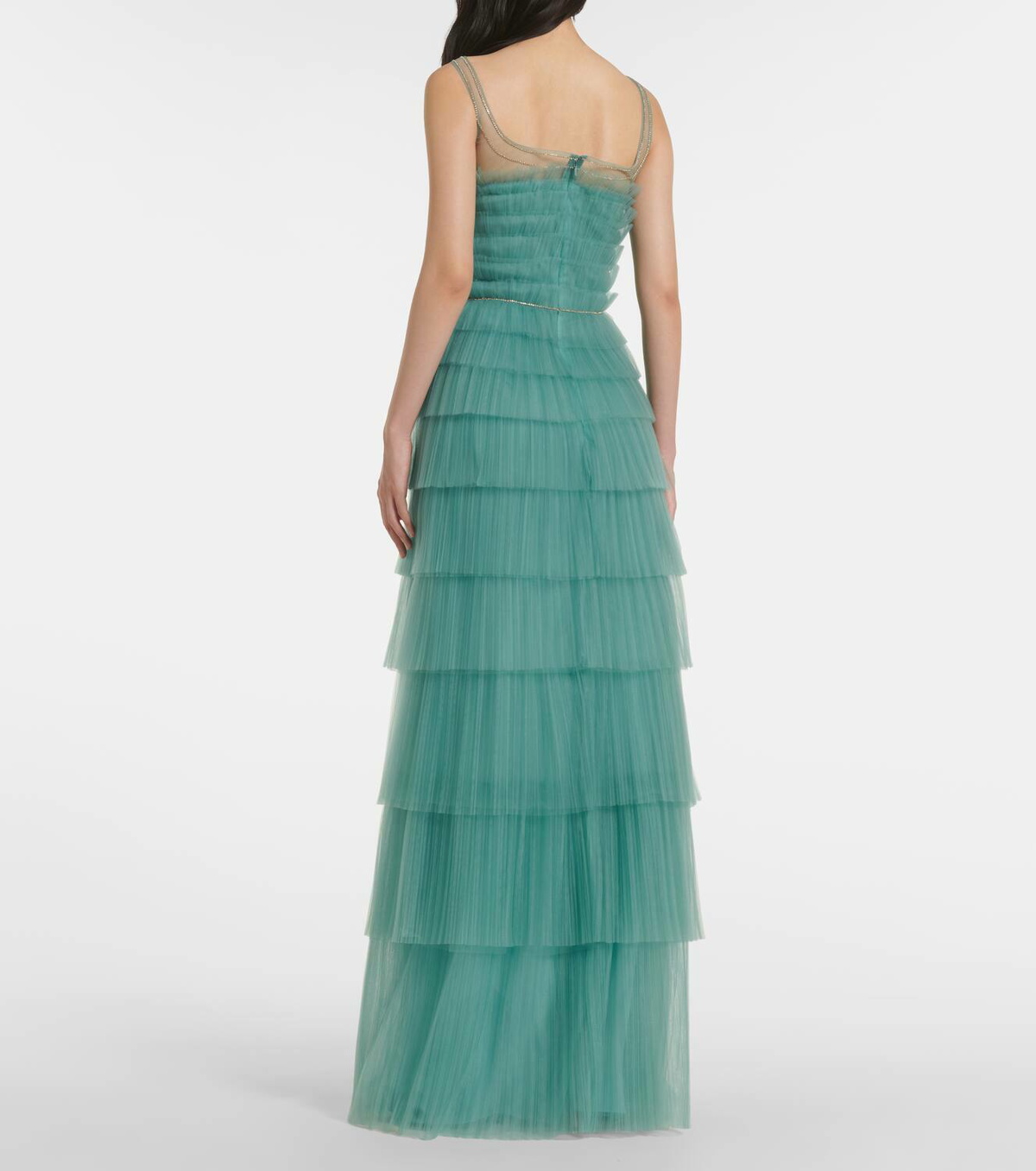 Costarellos Kali embellished tulle-trimmed plissé gown Costarellos