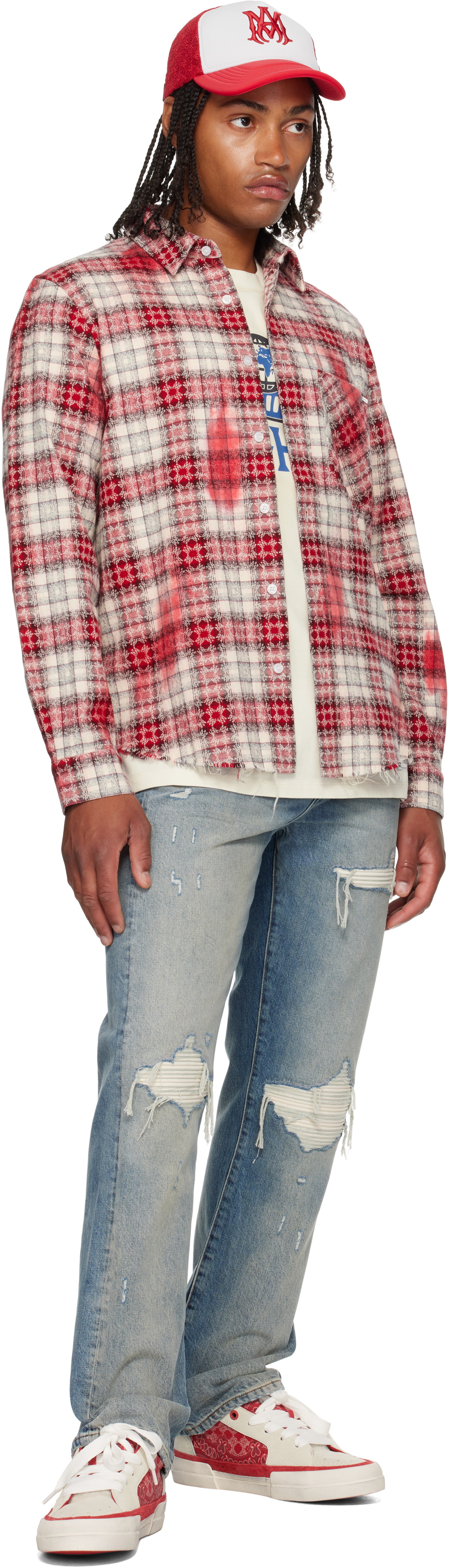 AMIRI Red & White MA Quad Bleach Flannel Shirt Amiri