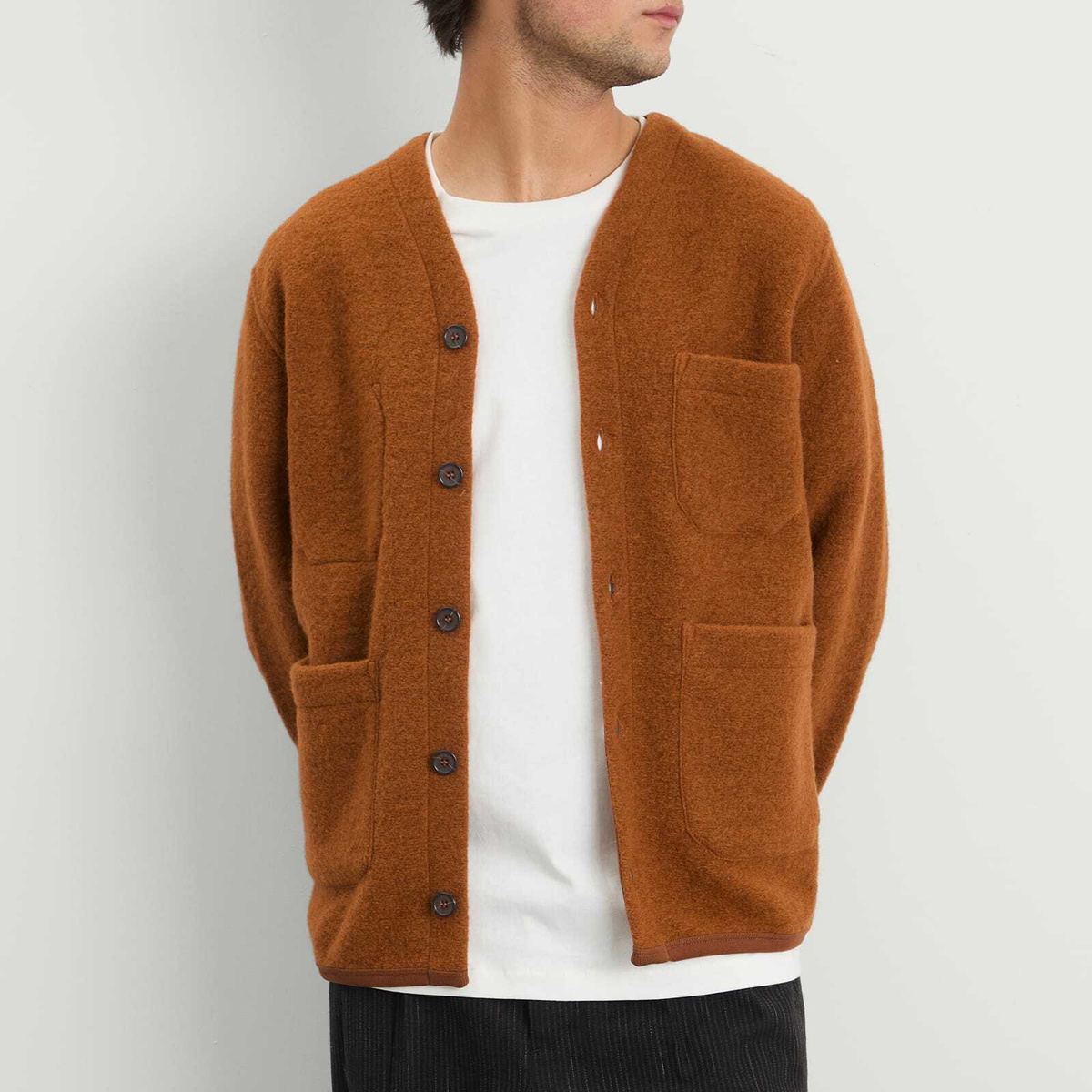Universal Works Men's Wool Fleece Cardigan in Rust Universal Works