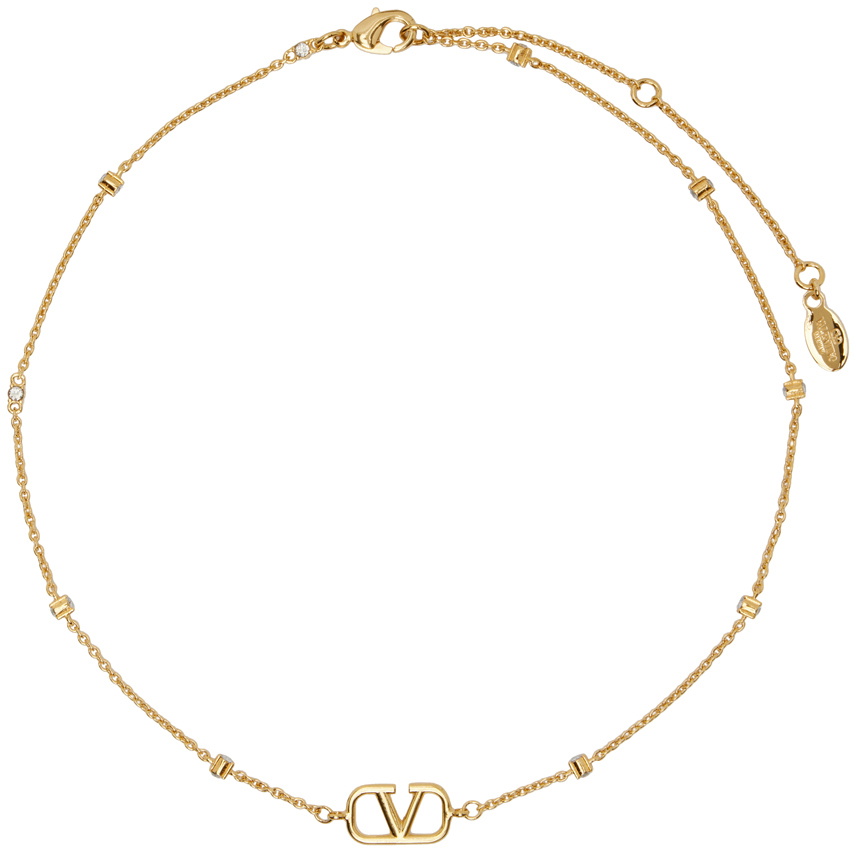 Valentino Garavani White & Gold Signature VLogo Necklace Valentino Garavani