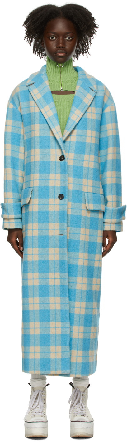 MSGM Blue & Beige Check Wool Coat MSGM