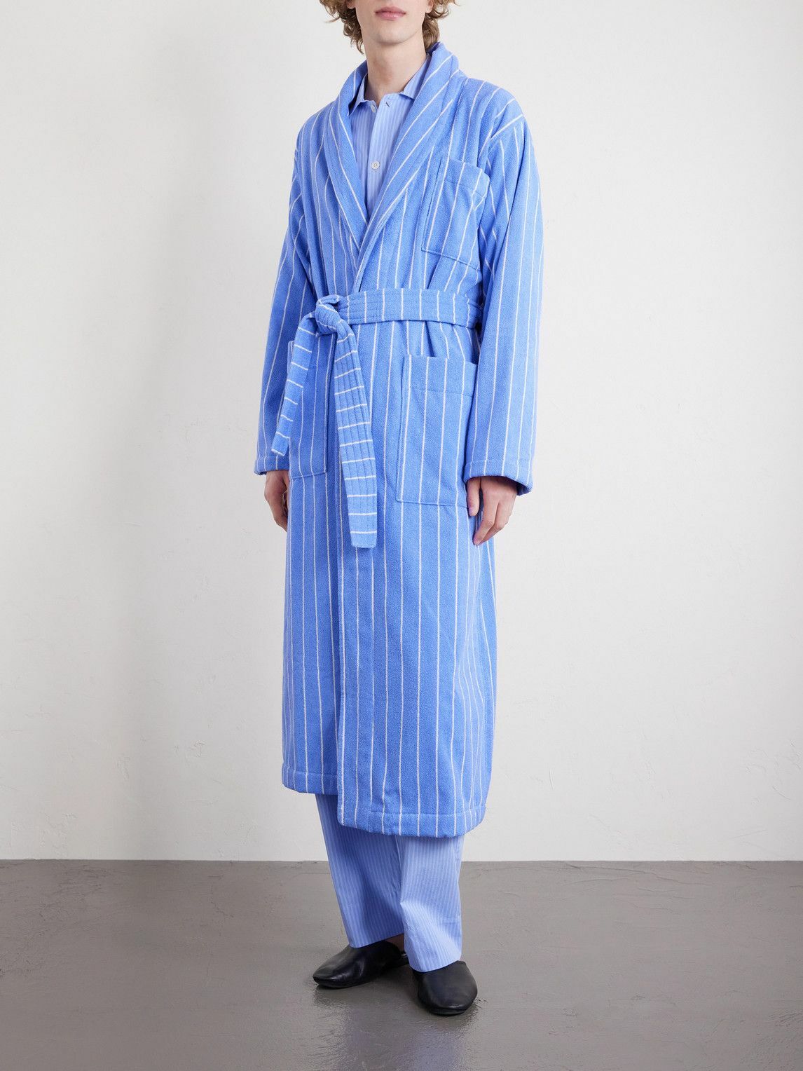 TEKLA - Belted Striped Organic Cotton-Terry Robe - Blue Tekla Fabrics
