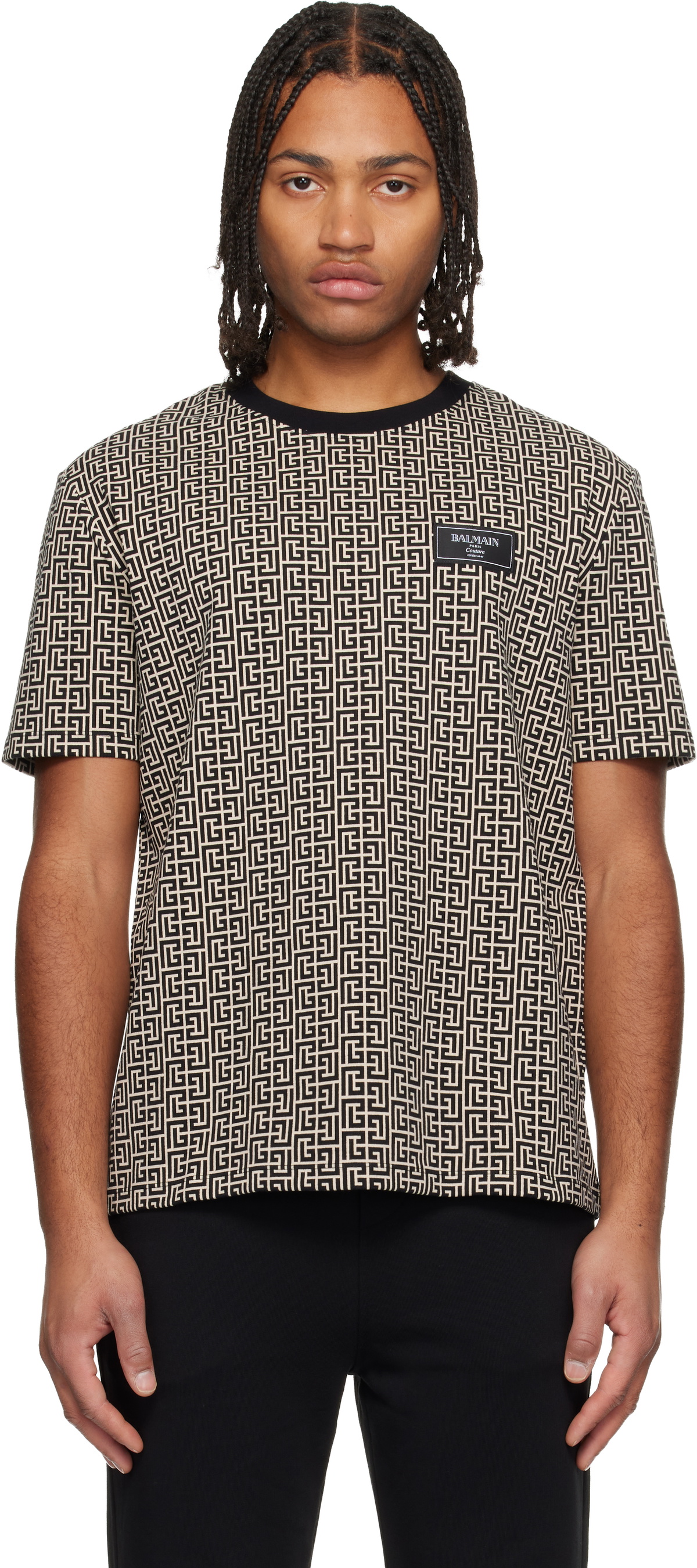 Balmain Black & Beige Monogrammed 'Balmain Couture' Label T-shirt Balmain