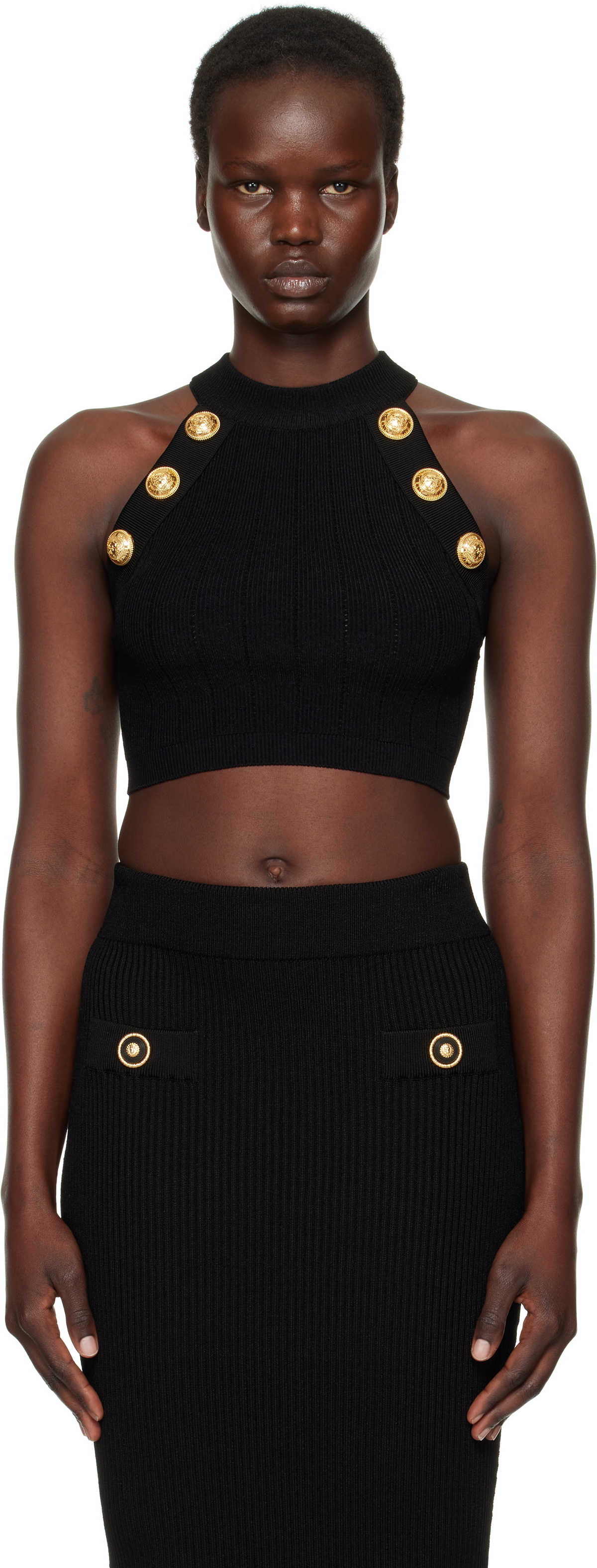 Balmain Black Halterneck Knit Cropped Top Balmain