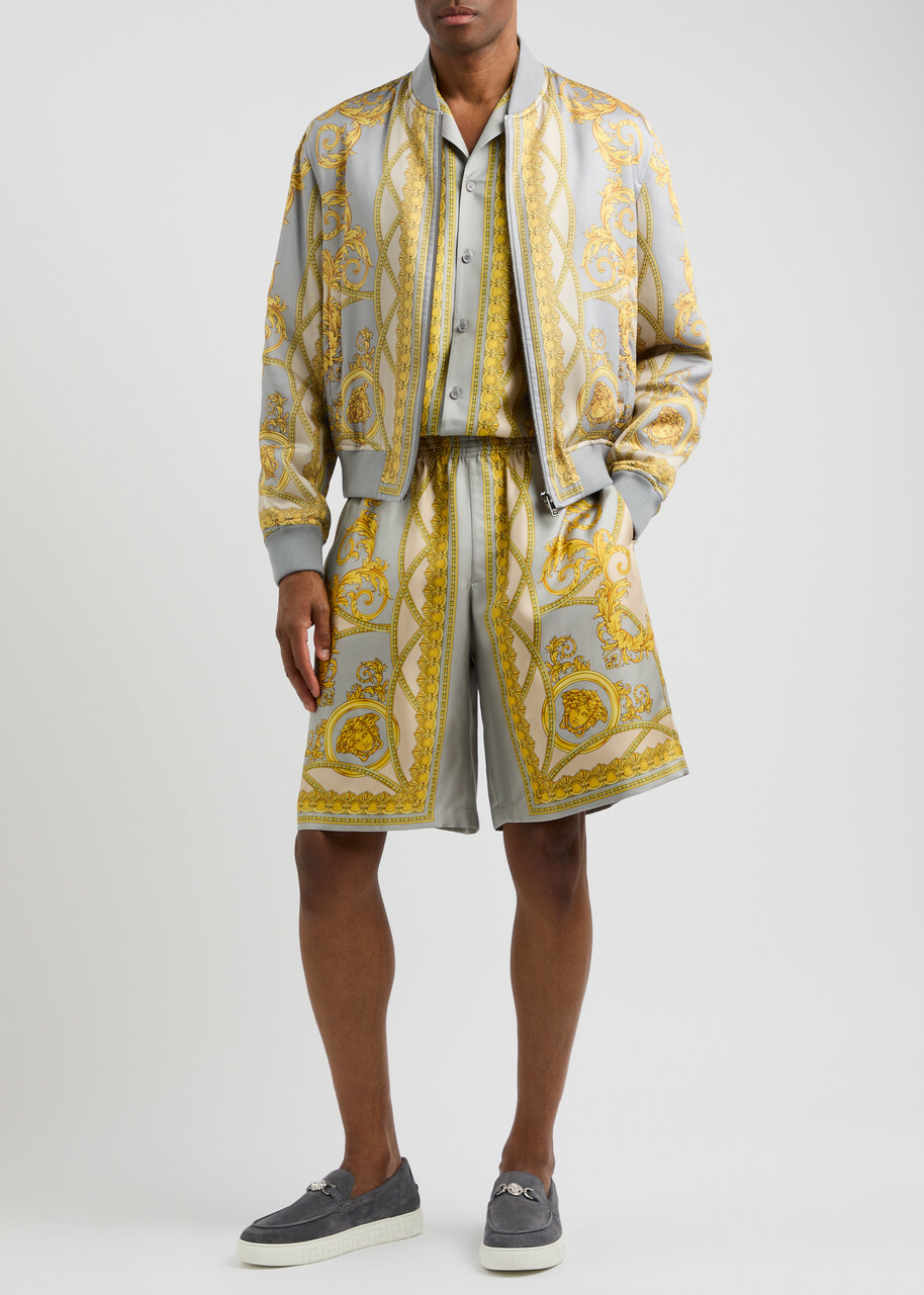 Versace Printed Padded Satin Bomber Jacket Gold Versace