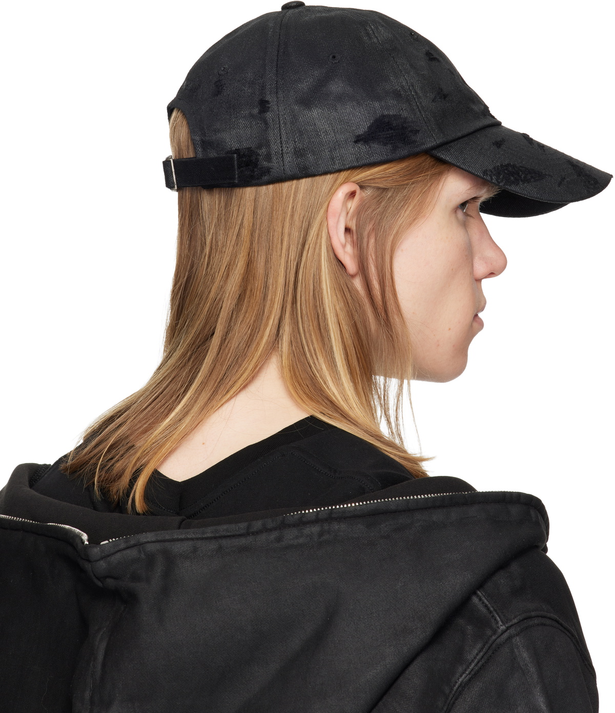 DET BLEV SENT Black Distressed Waxed Denim Cap