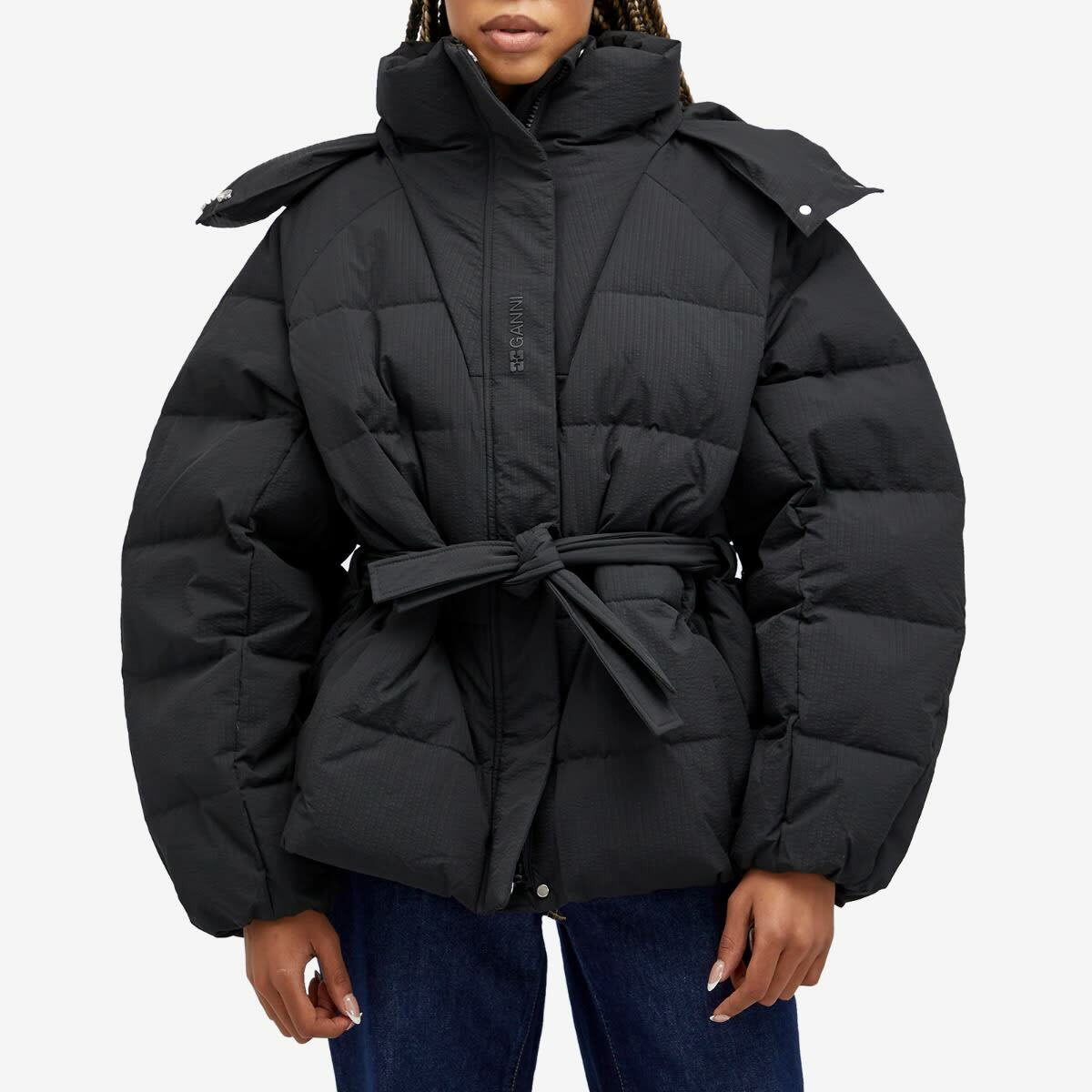 GANNI Women's Tech Seersucker Oversized Puffer Jacket in Black GANNI