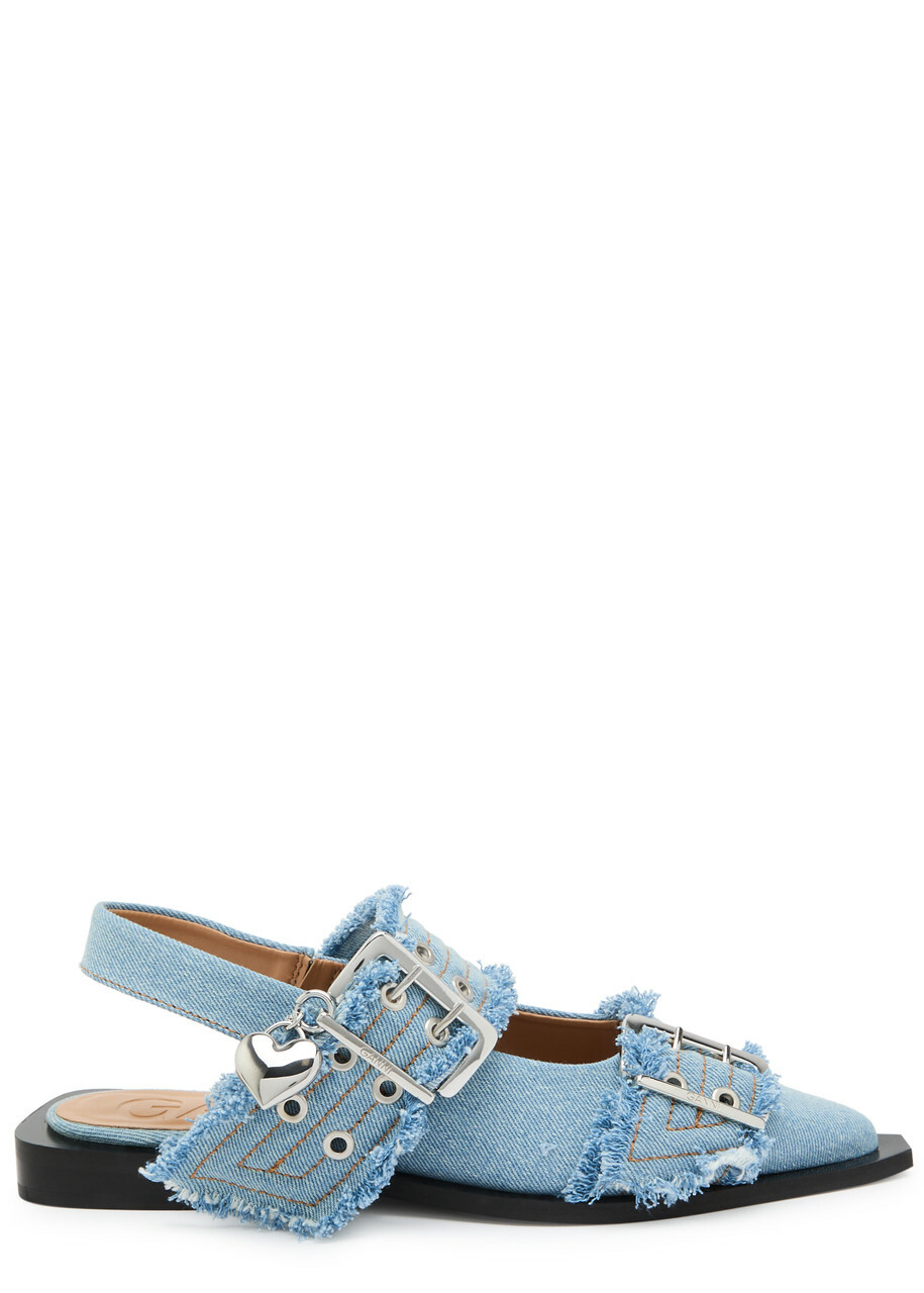 Ganni Feminine Buckle Ballerina Denim Slingback Flats GANNI