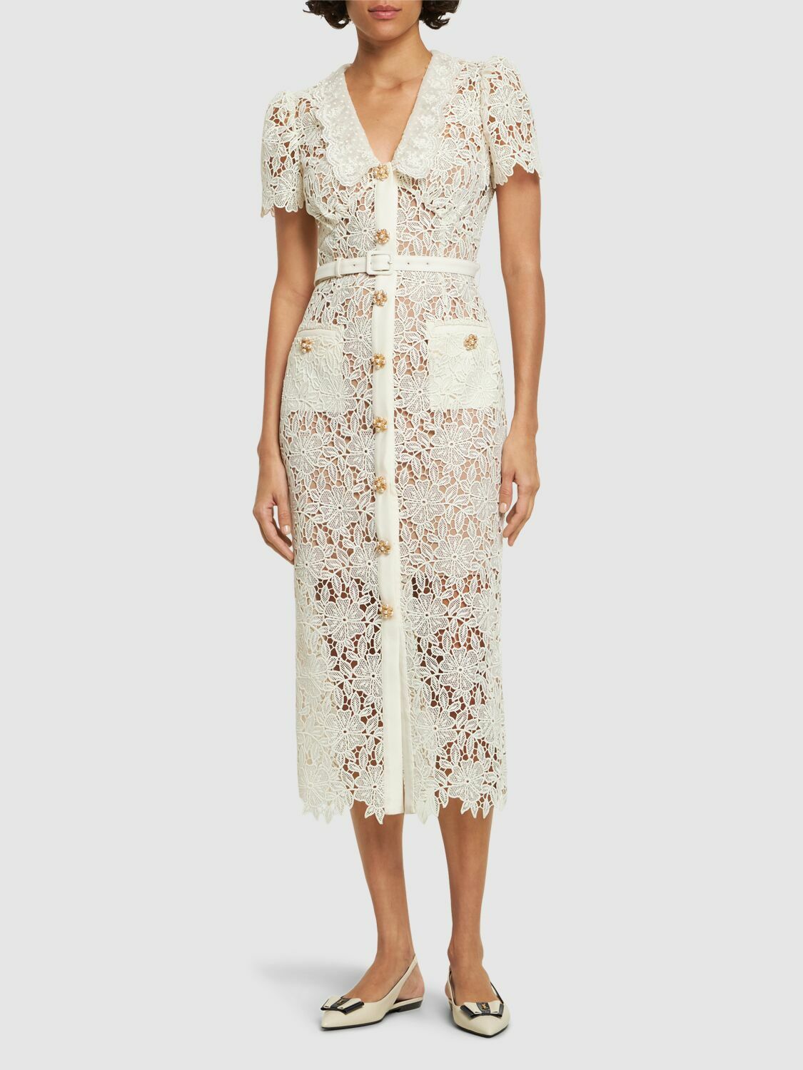 SELF-PORTRAIT - Short Sleeve Lace Midi Dress Self-Portrait