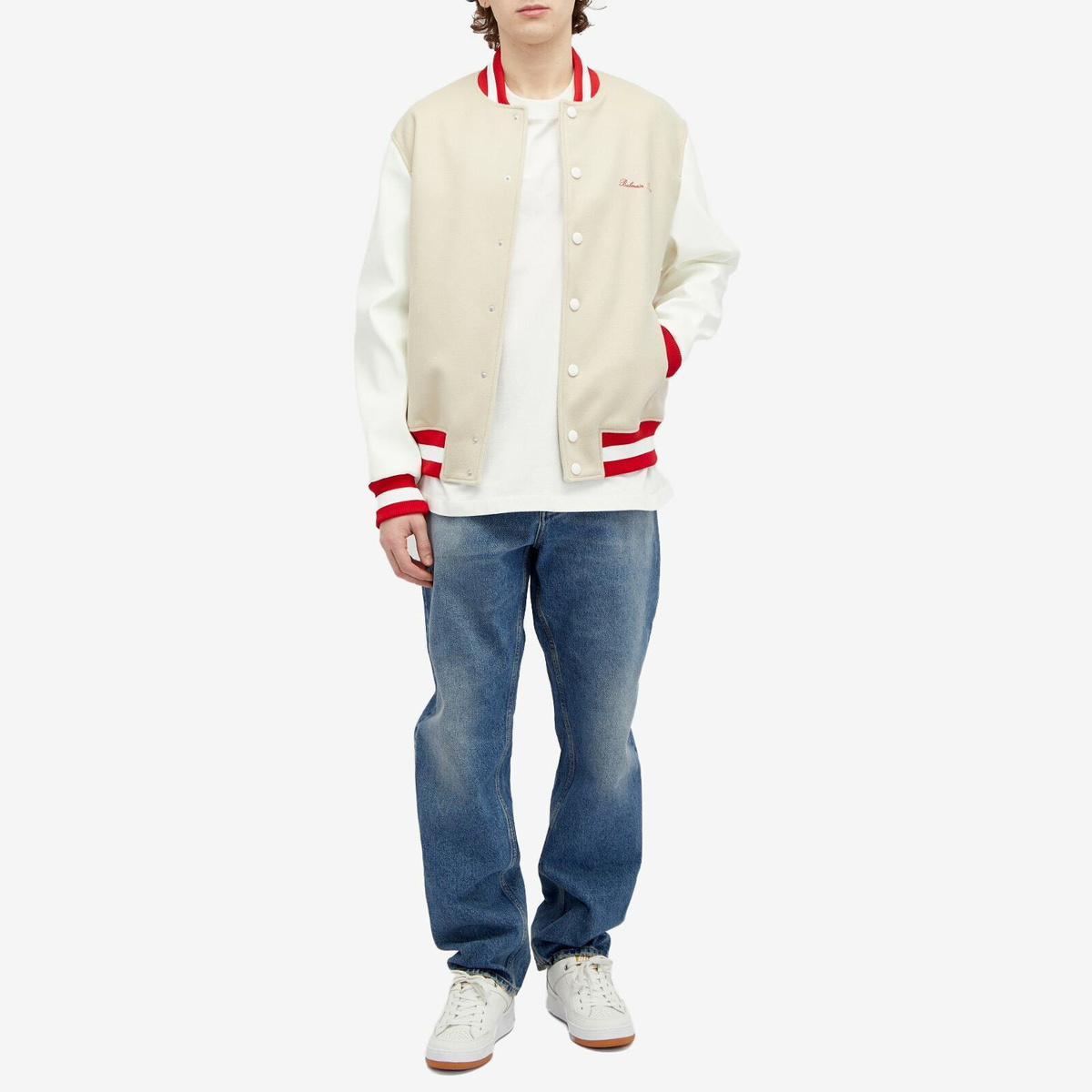Balmain Men's Signature Varsity Jacket in Ivory/White/Red Balmain