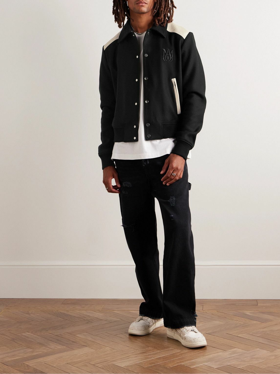 AMIRI - Leather-Trimmed Logo-Embroidered Wool-Bend Twill Bomber Jacket ...