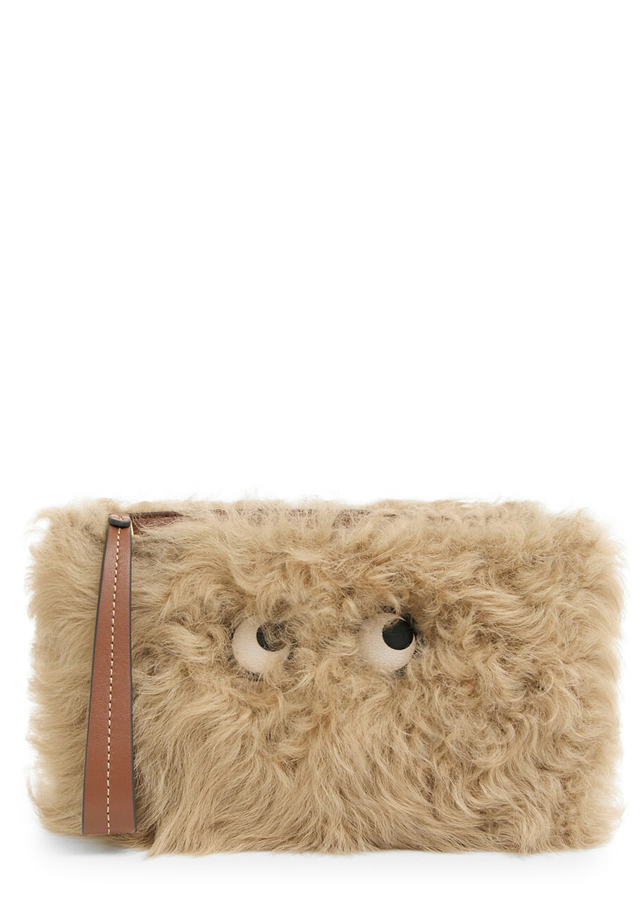 Anya Hindmarch Eyes Appliquéd Shearling Clutch - Sand - One Size Anya ...