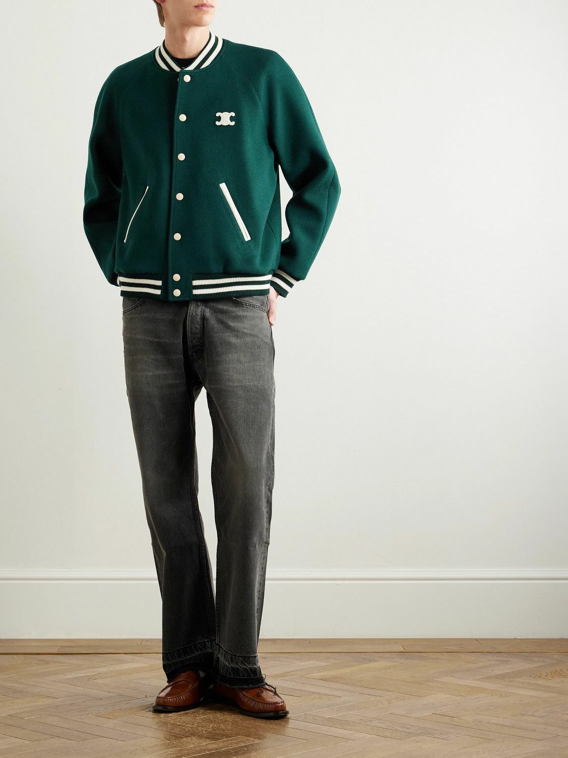CELINE - Teddy Triomphe Leather-Trimmed Wool-Blend Varsity Jacket ...