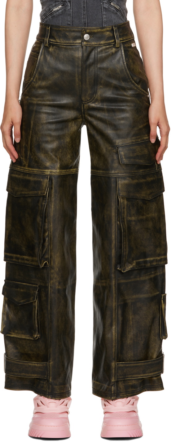 GCDS Black Rub-Off Ultracargo Leather Pants GCDS
