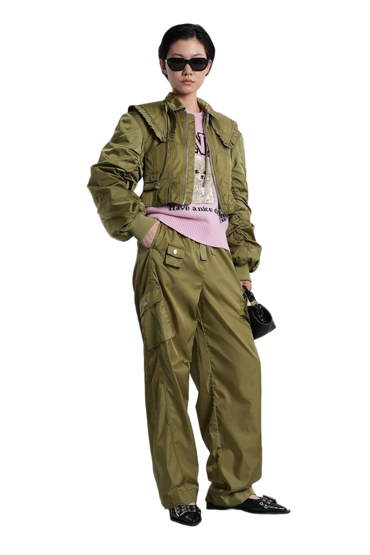 Ganni Bomber Jacket In Green Polyamide GANNI