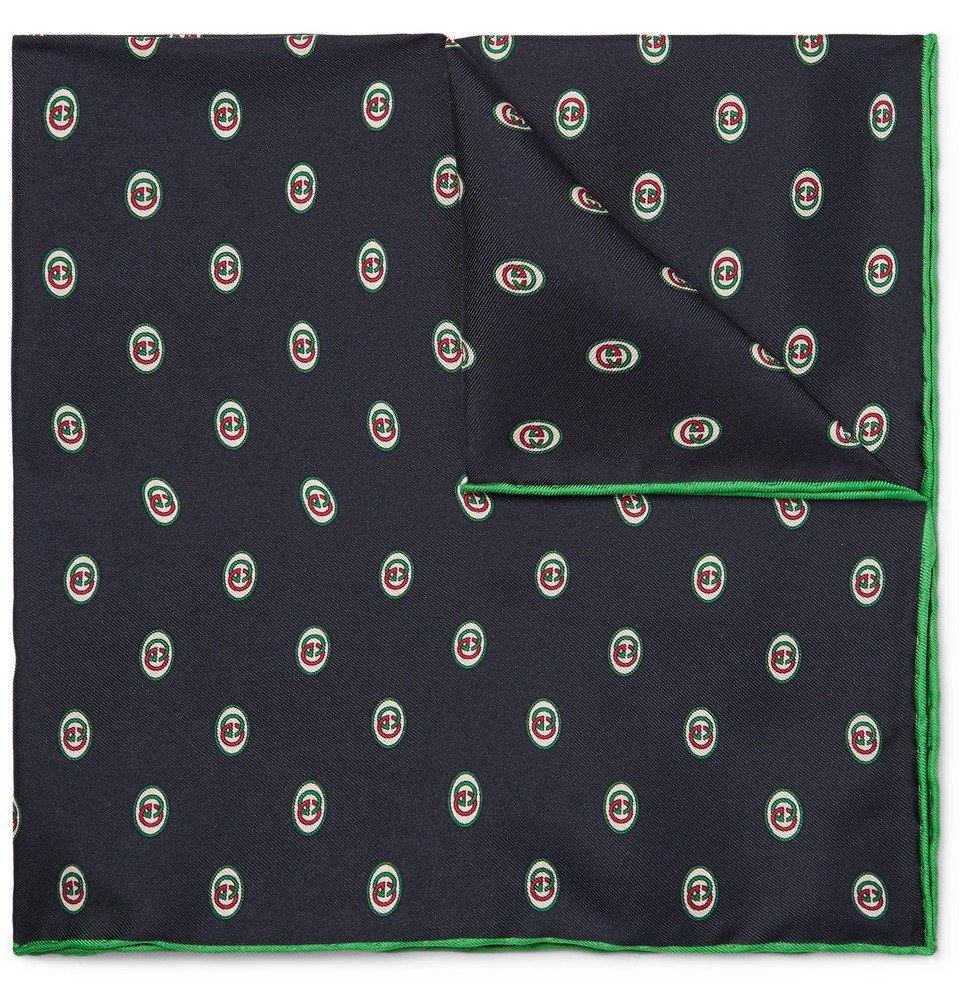 Gucci - Logo-Print Silk-Twill Pocket Square - Navy Gucci